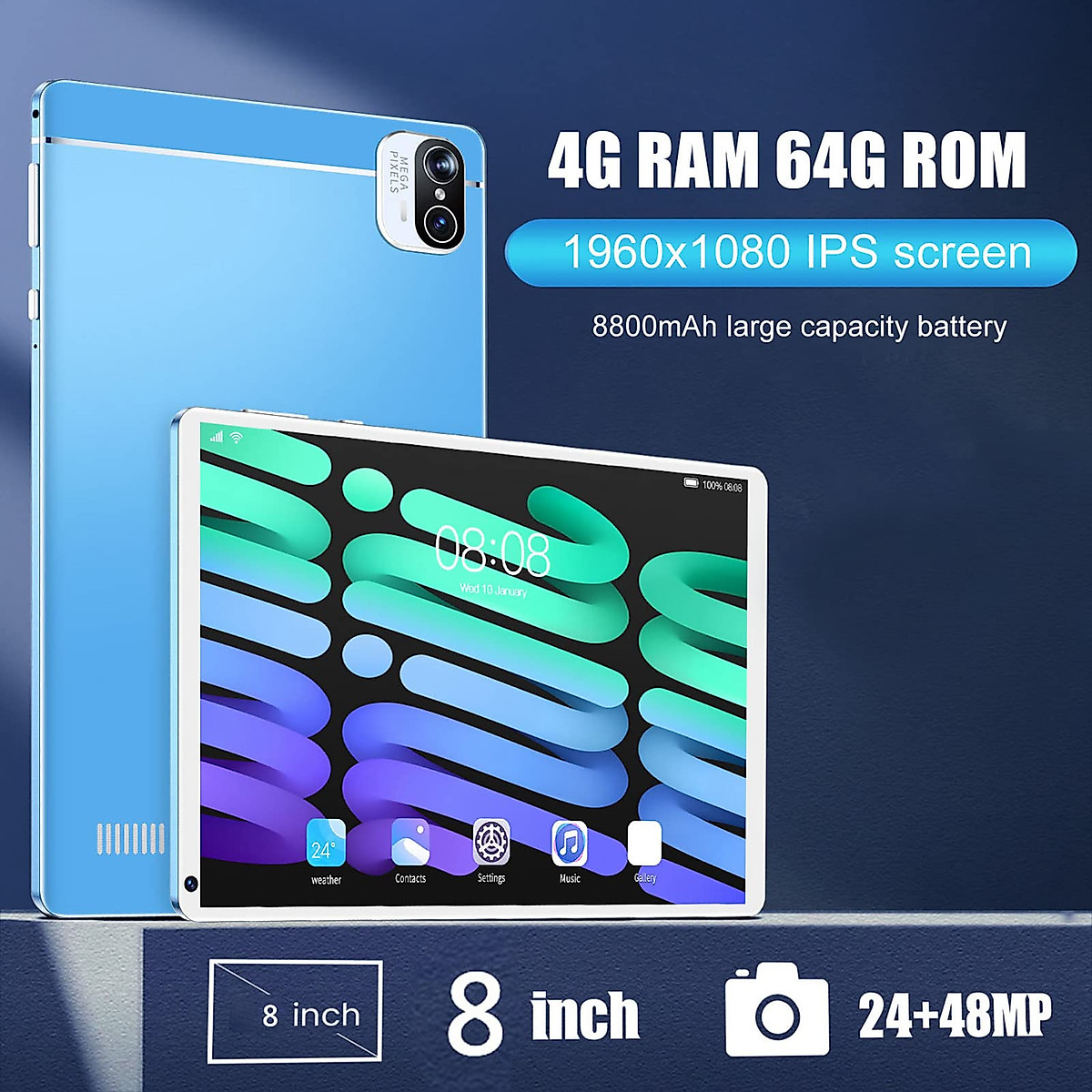 GUPE Portable Tablet Blue 8 Inch 8 Inch Tablet for Travel (US Plug)