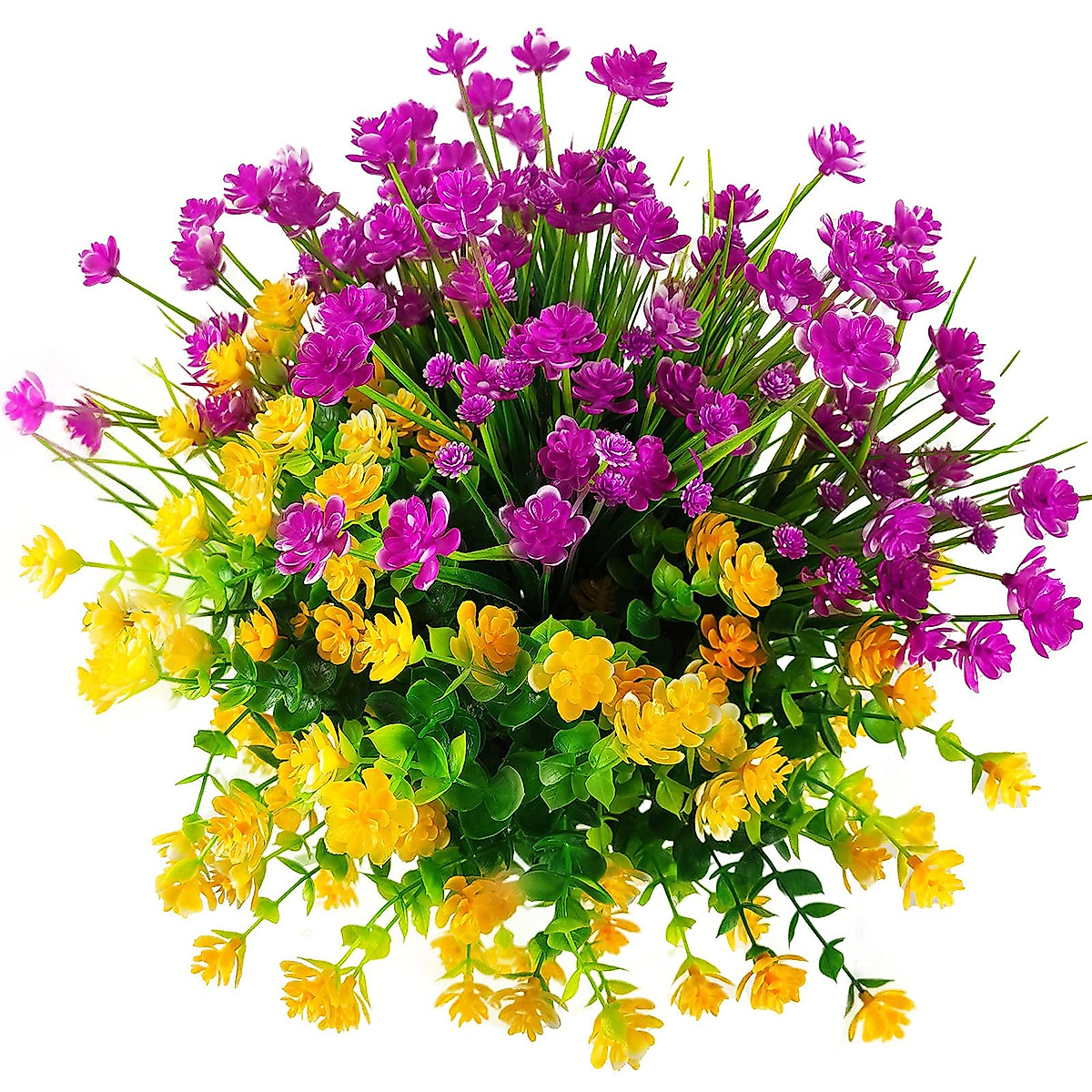 Triarrhena 9Pcs Artificial Flowers Outdoor UV Resistant Fake Plants,Faux Shrubs Plastic Arrangement for Hanging Planter Home,Wedding Porch ,Window,Farmhouse,Garden Décor (Fuchsia or Magenta, Yellow)