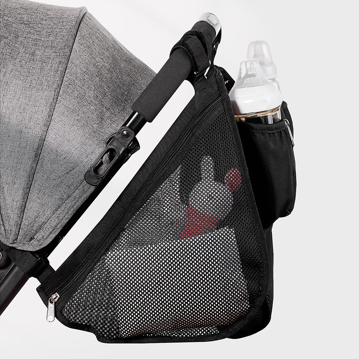 SUNVENO 2 in1 Universal Stroller Organizer, Side Sling Cargo Net, Insulation Cup Holders, Zippered Phone Pocket, Adjustable Straps, Black