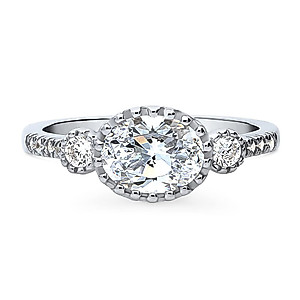 BERRICLE Sterling Silver 3-Stone Wedding Engagement Rings Oval Cut Cubic Zirconia CZ Anniversary Ring for Women, Rhodium Plated Size 7