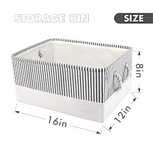 ANMINY 3PCS Storage Baskets Set Large Foldable Canvas Stripe Storage Bin Box with Cotton Rope Handles Decorative Plush Toys Clothes Towel Laundry Shelf Organizer Containers - Large, Dark Gray