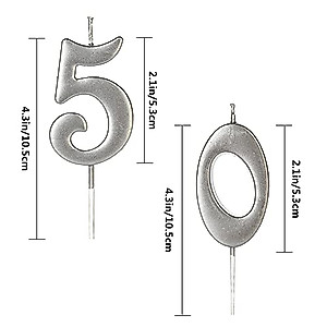 Silver 50th Birthday Candles for Cake, Number 50 5 Glitter Candle Party Anniversary Cakes Decoration for Kids Women or Men