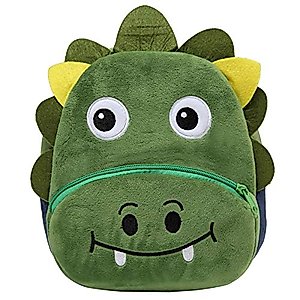 Cute Toddler Backpack for Boys and Girls, KASQO 9.4" 3D Soft Plush Animal Mini Lightweight Travel Bag for Baby 2-6 Years Old, Green Dinosuar