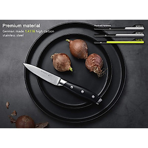 linoroso Paring Knife 3.5 inch Small Kitchen Knife with Dishwasher Safe Plastic Cutting Boards for Kitchen, Sharp Forged German Carbon Stainless Steel Fruit Knife with Defrosting Tray Set of 3
