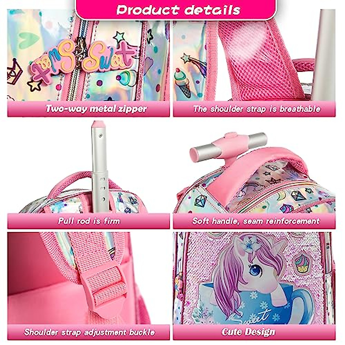 MOHCO Rolling Backpack 18 inch for Kids Wheeled Backpack for Girls with Lunch Bag Pencil Case