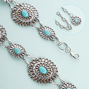 Topbuti Western Metal Oval Concho Chain Belt for Women Cowgirl Turquoise Waist Chain Belt for Dresses Jeans Western (Green)