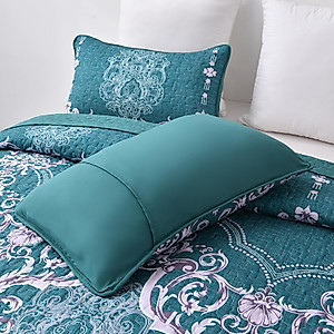 Dobuyly Teal Quilt Set Queen Size, 3 Pieces Boho Damask Green Bedspread Coverlet Set with 2 Pillowcases, Soft Lightweight Microfiber Luxury Quilt Bedding Set for All Season 96"x90"
