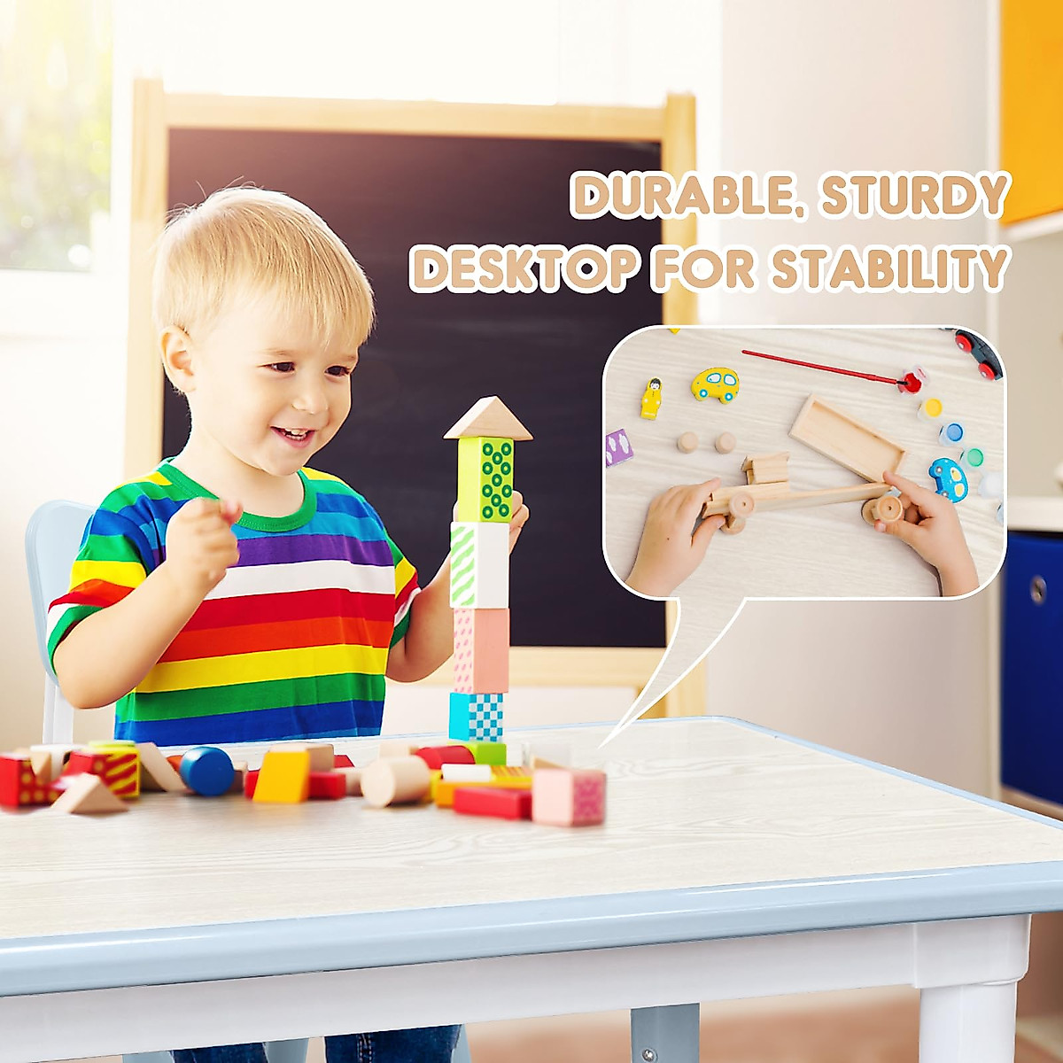 JIAOQIU Kids Table and Chair, Toddler Table and Chair Set, Adjustable Kids Table, Non-Slip Table Legs&Organizer, Graffiti Desktop, Suitable for Kids Table and Chairs Ages 3-12