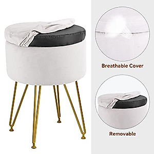 RunLexi Storage Ottoman, Round Footrest Stool Ottoman with Removable Cover & Adjustable Legs, Dutch Velvet Vanity Stool, Soft Padded Seat, Modern Decorative Accent Stool for Makeup, Bedroom, White
