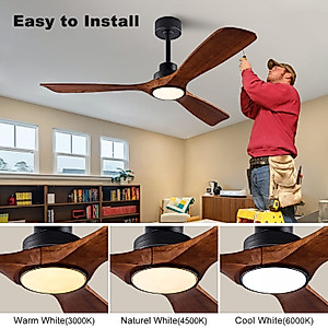 QUTWOB 52" Wood Ceiling Fan with Lights Remote Control,Quiet DC Motor 3 Blade Ceiling Fans for Patio Living Room, Bedroom, Office,Indoor Outdoor(Black+Dark Walnut)