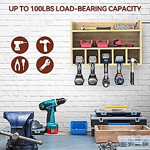 Purbambo Power Tool Organizer Wall Mounted, Bamboo Drills Shelf Rack with Charging Station and 5 Hanging Slots, Power Tools Storage Cabinet