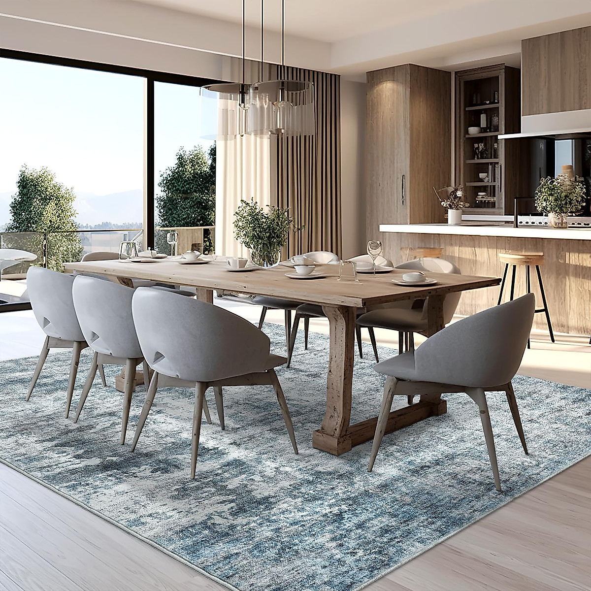 Soalmost Abstract Rug 8x10 Large Living Room Rugs Neutral Modern Washable Area Rugs for Bedroom Dining Room Non-Slip Stain Resistant Foldable Thin Rug Blue