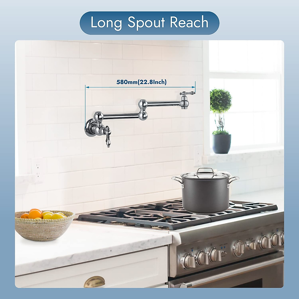 Cinwiny Polished Chrome Pot Filler Faucet Wall Mount Classical Folding Stretchable Stainless Steel Kitchen Restaurant Sink Faucet with Double Joint Swing Arm 1 Hole 2 Handle Commercial