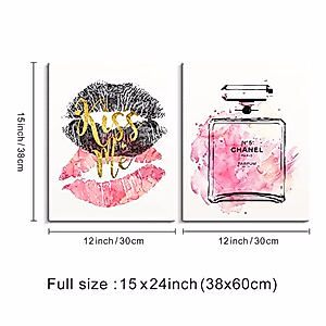 Creoate Fashion Women Canvas Wall Art for Girls Bedroom 2 Pieces Modern Pink Perfume Lady Lips Poster Canvas Print Artwork Framed Set for Women Room Decor,Wrapped Canvas,12x15 Inch x2pcs