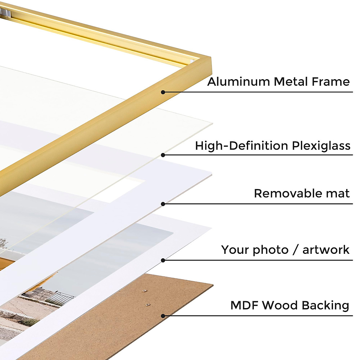 Fun Memories 11x14 Metal Picture Frame- 11x14 Aluminum Photo Frames with 8x10 Mat, High-Definition Plexiglass Front, and Hanging Hardware - Ideal for Wall or Tabletop Display (Gold, Pack of 1)