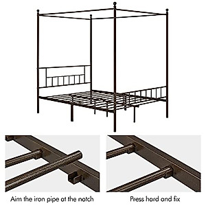 Topeakmart Bronze Four-Poster Canopy Metal Bed Frame with Headboard and Footboard Sturdy Slatted Structure No Box Spring Needed Queen Size