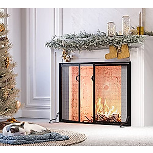 Kingson 37.8x30.7 in Fireplace Screen with Doors, 2-Pannel Handcrafted Solid Wrought Iron Decorative Mesh Classic Fire Spark Guard-Black