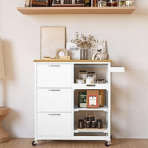 NSdirect Kitchen Island Cart,Industrial Kitchen Bar&Serving Cart Rolling on Wheels Utility Storage Trolley with 3-Tier Wine Rack Shelves&Three Storage Drawers,Soild Rubber Wood Top,White