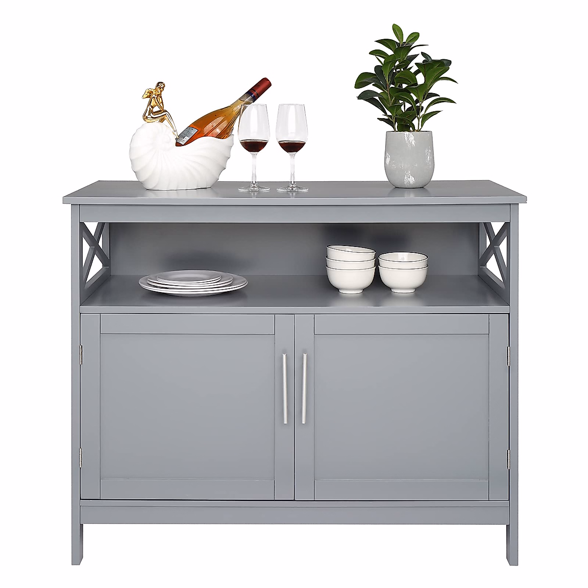 Double Door Sideboard Buffet Cabinet, Kitchen Storage Sideboard Coffee Bar Cabinet with Adjustable Shelf, Wooden Cupboard Console Table Curio Cabinet with Open Shelf for Kitchen Living Room, Grey