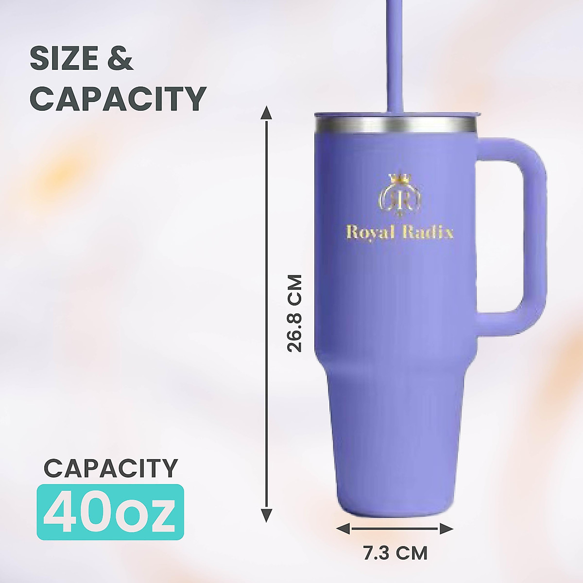 Royal Radix 40oz Insulated Tumbler with Handle & Straw, Stainless Steel Travel Mug, Leak-Proof, Hot & Cold Beverage Cup, BPA-Free, Dishwasher Safe, for Coffee & Water