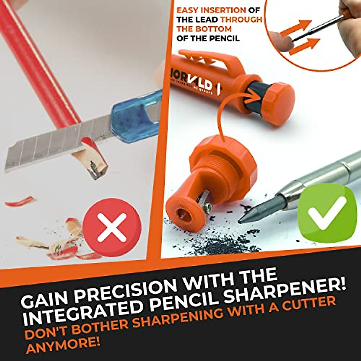THORVALD Carpentry Pencil Set for Carpenter - Incl. 7 Leads + Sharpener - Solid Mechanical Pencils with Fine Point/Wood Marker/Best Marking tools for Construction/Carpenters/Drawing/Scriber