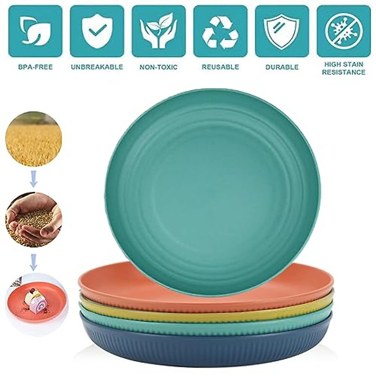 PUPOPIK 9 Inches Unbreakable Wheat Straw Plates - Reusable Plate 4 Set - Dishwasher & Microwave Safe - Dinner Dishes- Healthy BPA Free, Salad Platest - Camping Picnic Plastic Plate for Kids
