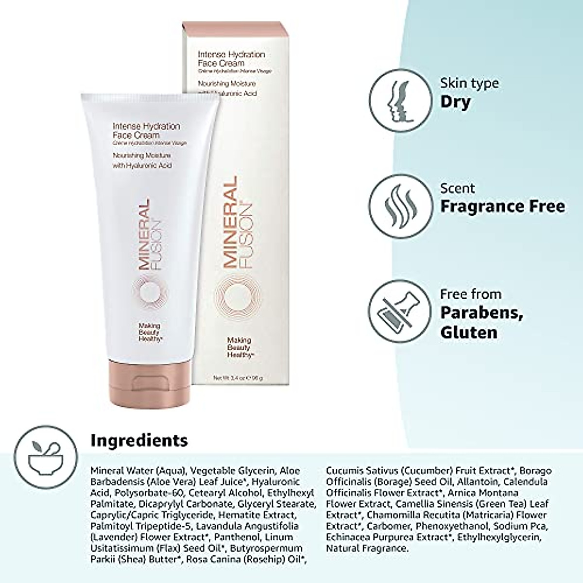 Mineral Fusion Facial Moisturizer - Intense Hydration Face Cream with Hyarulonic Acid, Shea Butter & Rosehip Oil, Moisturizing & Nourishing for Dry Skin, 3.4 oz