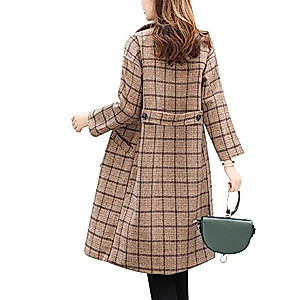 Tanming Women's Double Breasted Long Plaid Wool Blend Pea Coat Outerwear (Brown-M)
