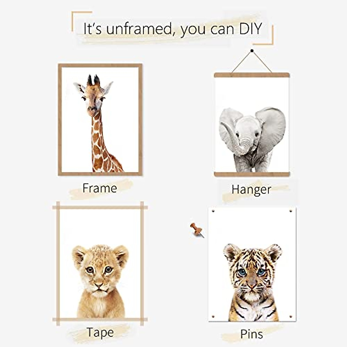Set of 6 Baby Safari Nursery Wall Decor - Picture Cute Animal Wall Prints on Canvas, under 20 dollars gifts for Baby Boys and Girls Room, UNFRAMED Wall Art(8 x 10 inch)