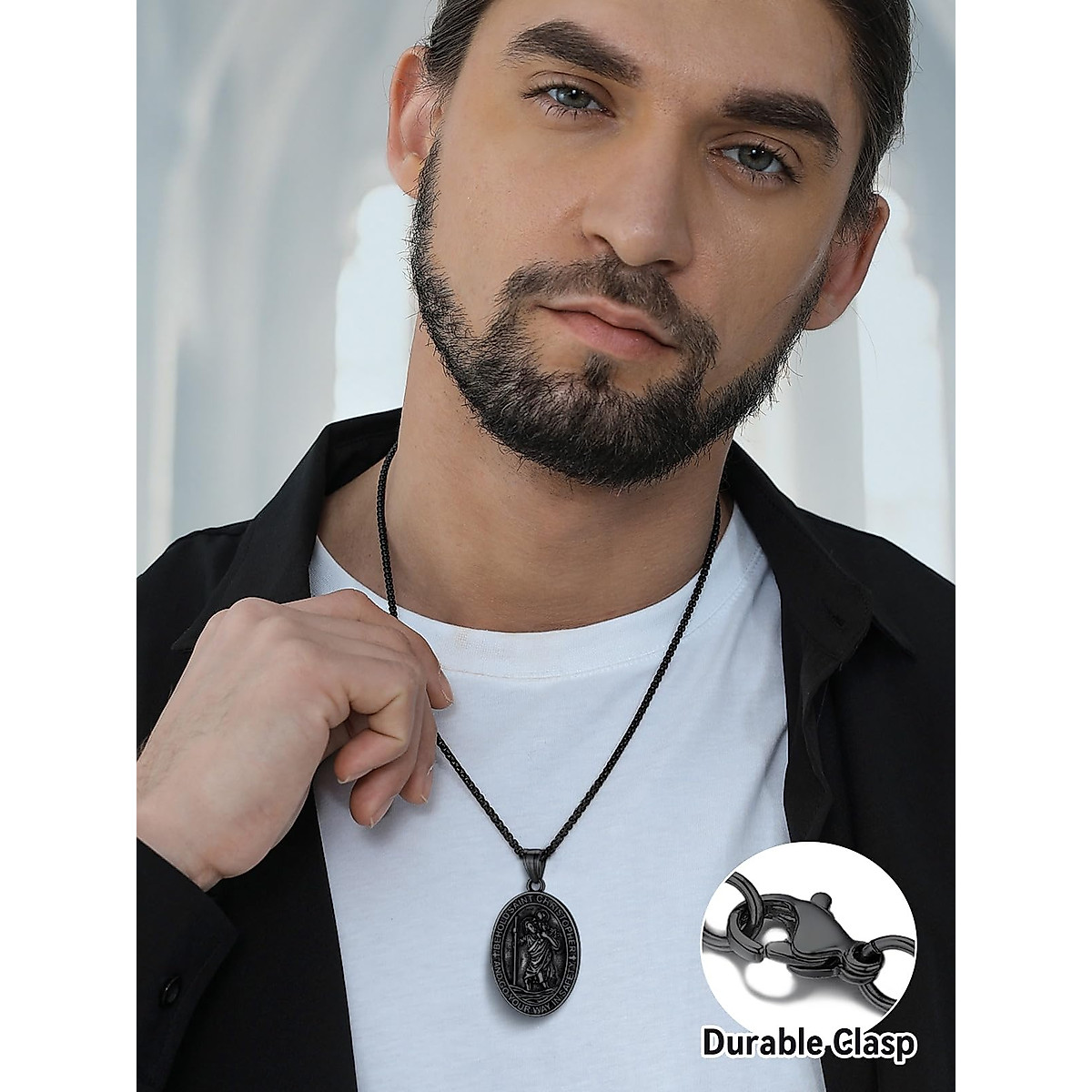 FaithHeart Black St. Christopher Necklace for Men Christian Amulet Jewelry with Stainless Steel Wheat Chain Oval Medal Pendant for Prayer