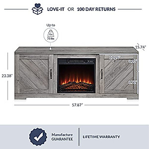 BELLEZE Modern 58 Inch Farmhouse TV Stand with 18 Inch Electric Fireplace & Media Entertainment Center Console Table for TV up to 65 Inch with Storage Cabinets and Infrared Heater - Hilo (Gray Wash)