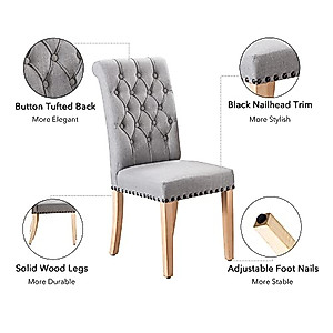 FOREDO Classic Collection Linen Dining Chairs Set of 2, Solid Wood Legs Copper Nails Chair, Light Grey