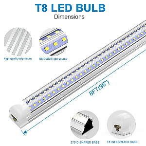 SHOPLED 8FT LED Shop Light Fixture, 72W 9360 LM 6000K Cool White,High Output Tube Light, Double Sided V Shape T8 8 Foot LED Bulbs for Cooler, Garage, Warehouse, Clear Cover (1 Pack)