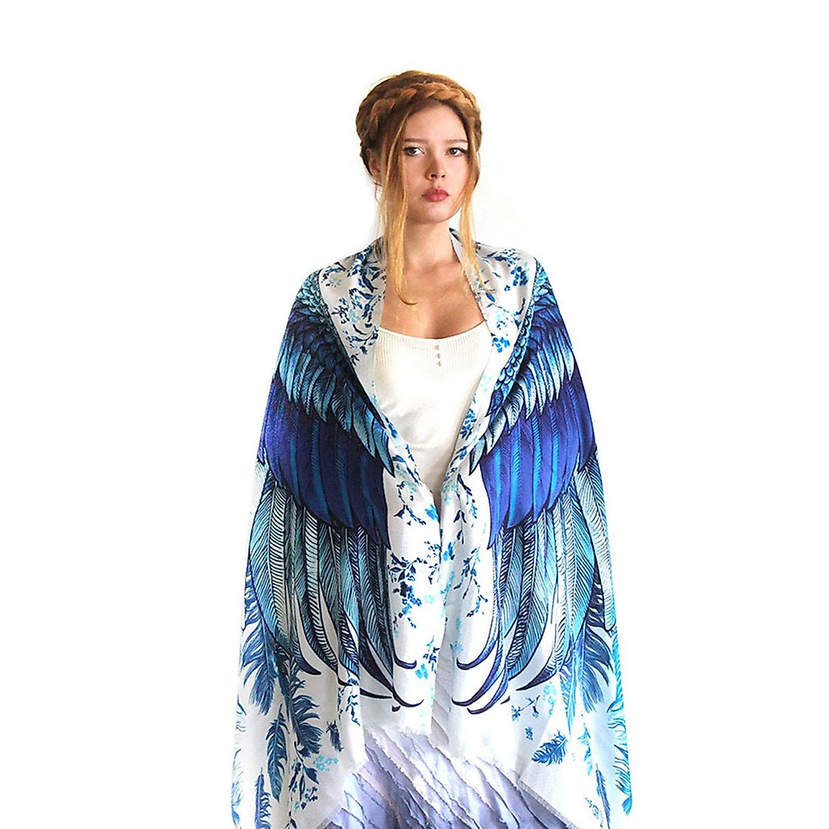 Pure Silk Wearable Artistic Hand Painted Bird Wing Feather Scarf (Blue Wings)