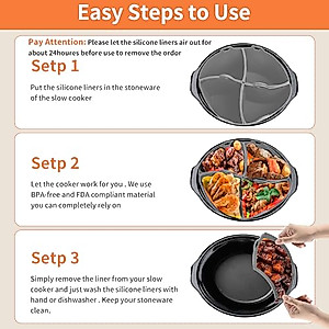 YSF Silicone Slow Cooker Liners, Reusable 4 Divider Inserts, Fits Crock-pot Oval 8 QT 4-in-1 Slow Cooking, Leakproof, Dishwasher Safe, Food-Grade BPA Free, 8 Quart Cook Four Dishes at Once (Gray)