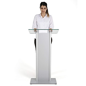 M&T Displays Tempered Clear Glass Conference Podium Stand with Aluminum Front Panel Silver Aluminum Body and Base 43.9 Inch Height Floor Standing Lectern Pulpit Desk for Classroom Church