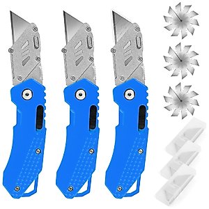 DIYSELF 3 Pack Box Cutters for Work, Folding Utility Knife, Razor Knife Utility Folding, Extra 30 SK5 Steel Blades Included, Box Knife for Work, Folding Box Cutter, Box Opener for Packages (3 Blue)