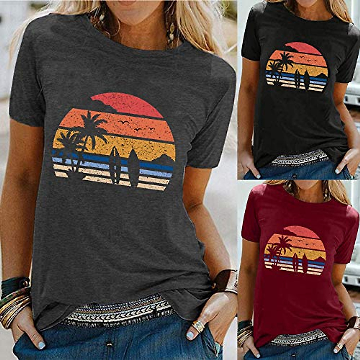 wodceeke Retro Beach Print T-shirt For Women Short Sleeve Round Neck Basic Tee Summer Casual Sports Tops (Dark Gray, M)