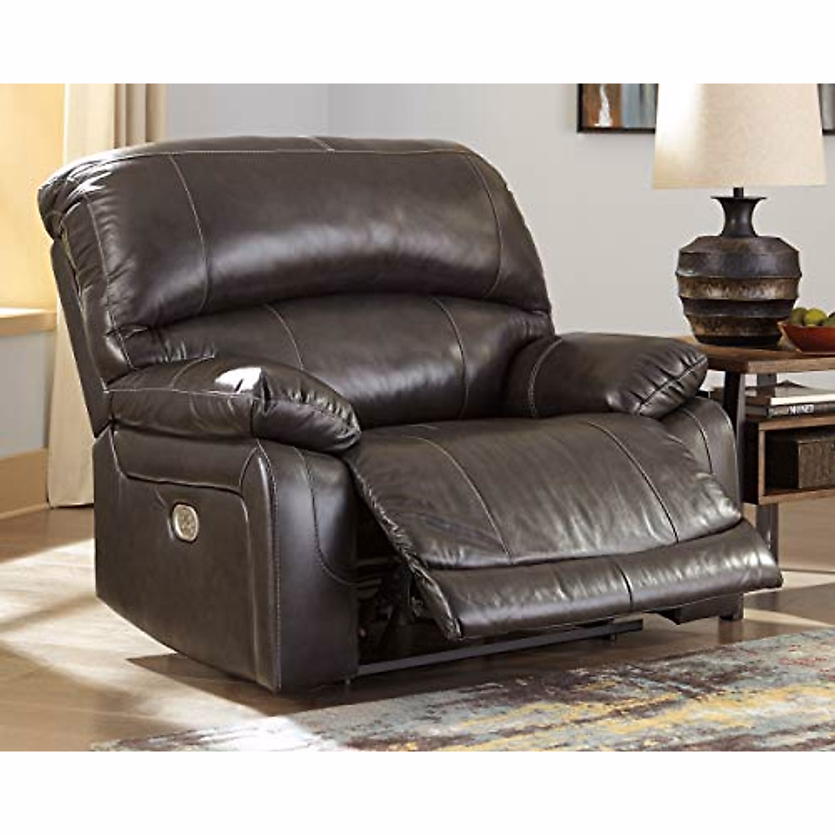 Signature Design by Ashley Hallstrung Leather Adjustable Oversized Power Recliner with USB Charging, Gray