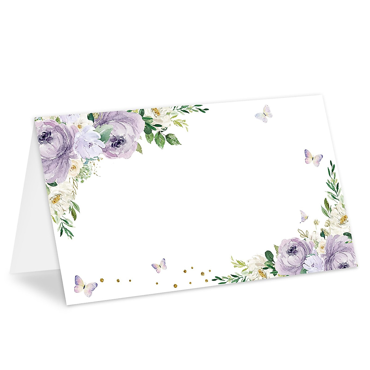 Whaline 100Pcs Floral Butterfly Place Cards 2 x 3.5 Inch Watercolor Purple Flower Tented Cards Table Name Sign for Party Banquet Reception Table Setting Supplies