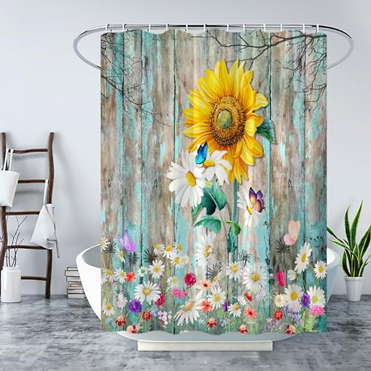 JOFKAXU Rustic Sunflower Shower Curtain Vintage Barn Door Floral Plant Flower Butterfly Farmhouse Retro Teal Wooden Board Country Bath Curtain with Hook