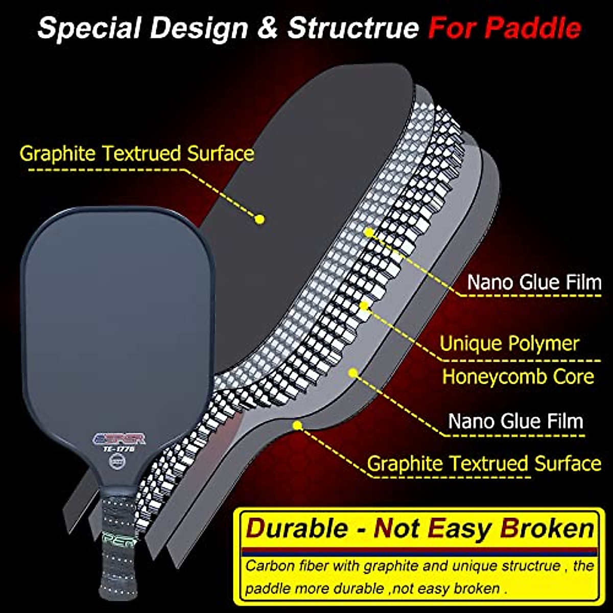 Pickleball Paddle Graphite Textured Surface for Spin,USAPA Approved,Pro Pickleball Racquet Lightweight,Carbon Fiber Pickleball Racket,PP Core,for Any Skill Level Players Indoor & Outdoor Tournament
