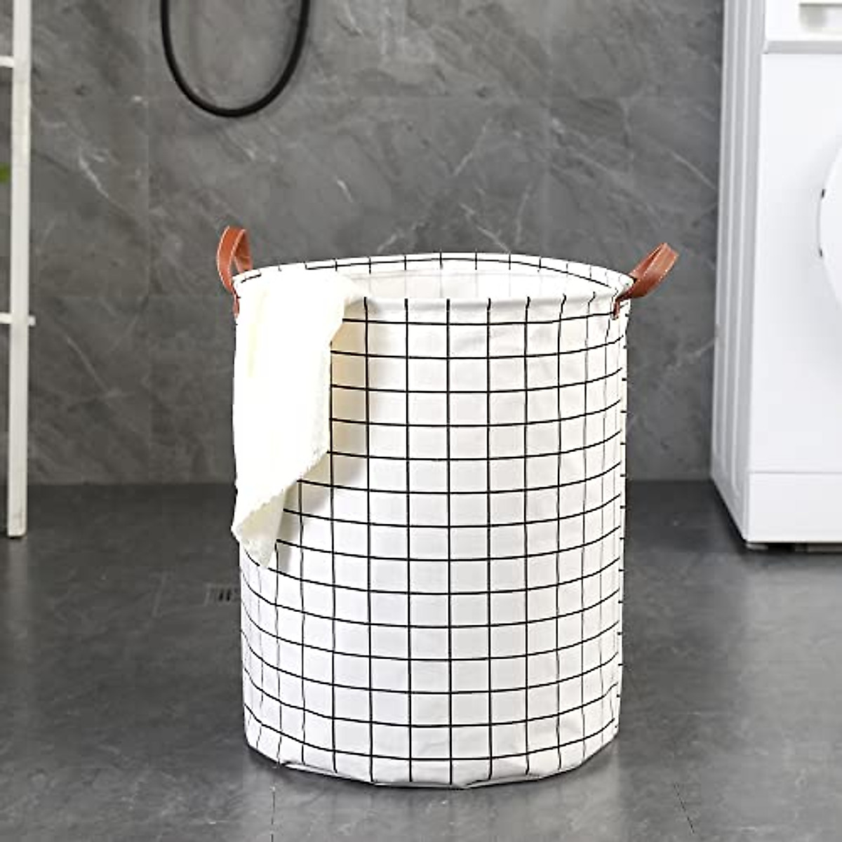 [2 Pack] Collapsible Laundry Basket, Large Round Waterproof Laundry Hamper, Foldable Storage Organizer with Leather Handles for Dirty Clothes (White Plaid)