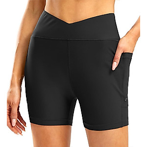 SANTINY Women's 4'' High Waisted Swim Board Shorts Quick Dry V Cut Tummy Control Bathing Suit Bottoms for Women with Pockets (Black_S)