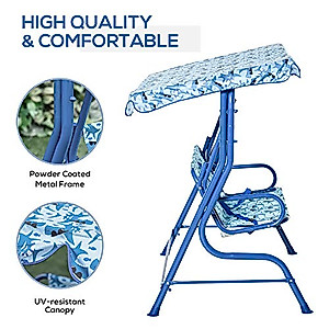 Outsunny Kids Porch Swing, Outdoor 2-Seat Children Patio Chair, Toddler Glider with Adjustable Canopy, Seat Belt for Garden Backyard Shark Pattern