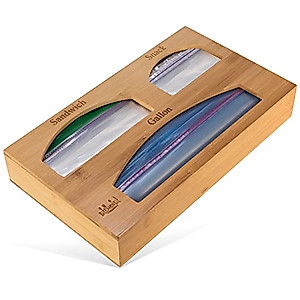 KitchenKit Bamboo Ziplock Bag Storage Organizer and Dispenser for Narrow Kitchen Drawer Suitable Gallon, Sandwich Snack Sizes, Plastic Baggies 3 Compartments Wooden Holder
