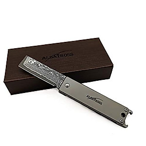 ALBATROSS EDC Mini Folding Camping Pocket Knife With Bottle Opener, Damascus Steel Blade&Titanium Alloy Handle, Gifts/Collections