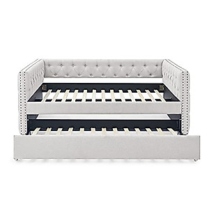 ODC Full Daybed with Twin Trundle Bed Upholstered Tufted Sofa Bed with Button and Copper Nail on Square Arms，Full Daybed & Twin Trundle