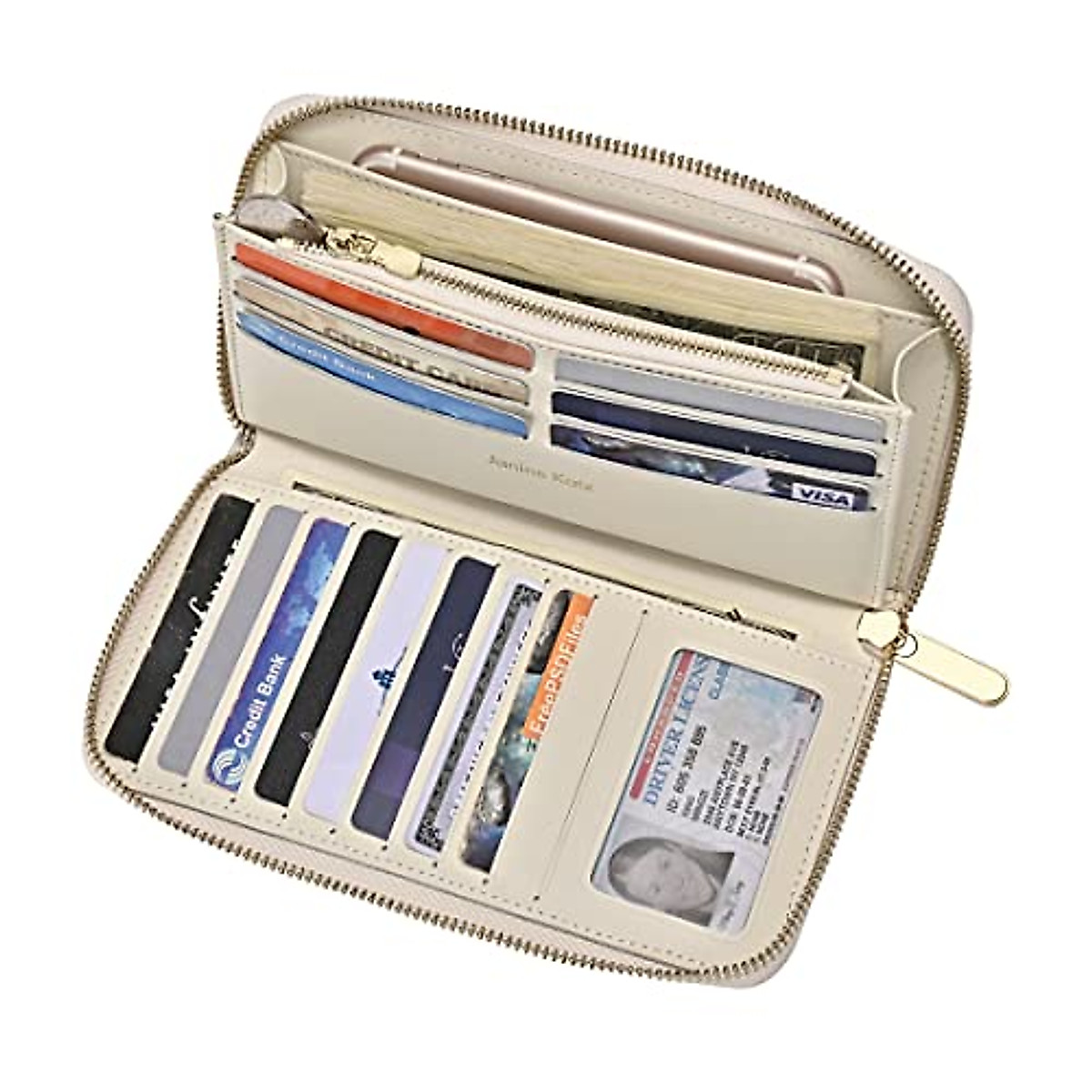 Premium Real Full Grain Leather Classic Long Zipped Wallet with Multiple Card Slots | Phone Clutch | Large Capacity Card Holder Organizer for Men Women (Beige Quilted) (JK-ZW19)