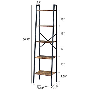 Hoctieon Industrial Ladder Bookshelf, Multifunctional Ladder Shelf, 5-Tier Tall Bookshelf, Open Ladder Shelf Bookcase, for Living Room, Home Office, Kitchen, Bedroom, Metal Frame, Rustic Brown